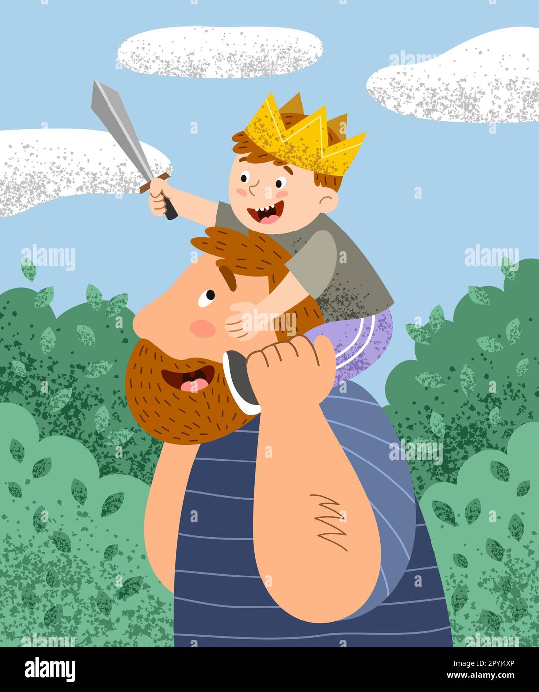 Dad with son poster. Parent plays knights with child, boy with crown ...