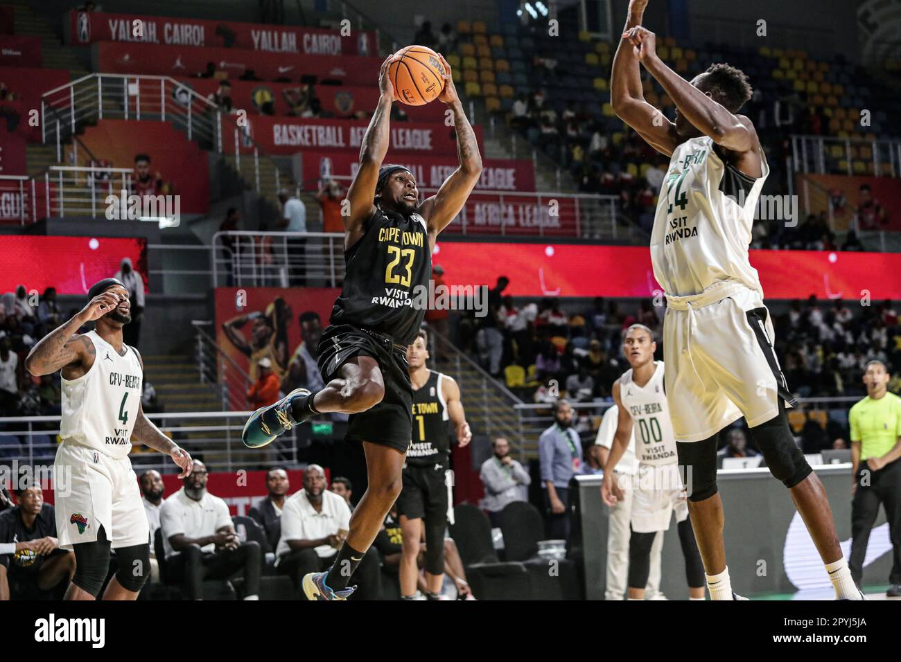 Cairo, Egypt. 3rd May, 2023. Samkelo Cele (C) of Cape Town Tigers goes ...