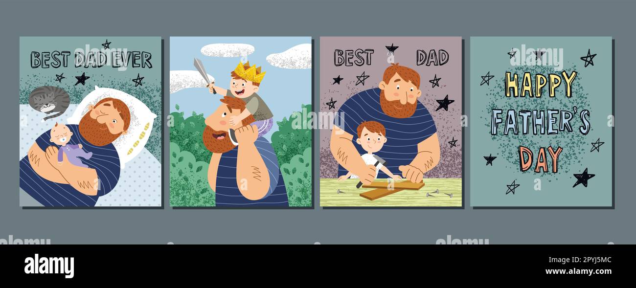 Happy Fathers Day. Set of posters with bearded smiling dad spending ...