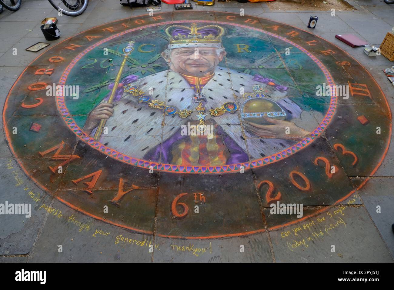 London, UK. An almost completed chalk portrait by Julian Beever of King ...