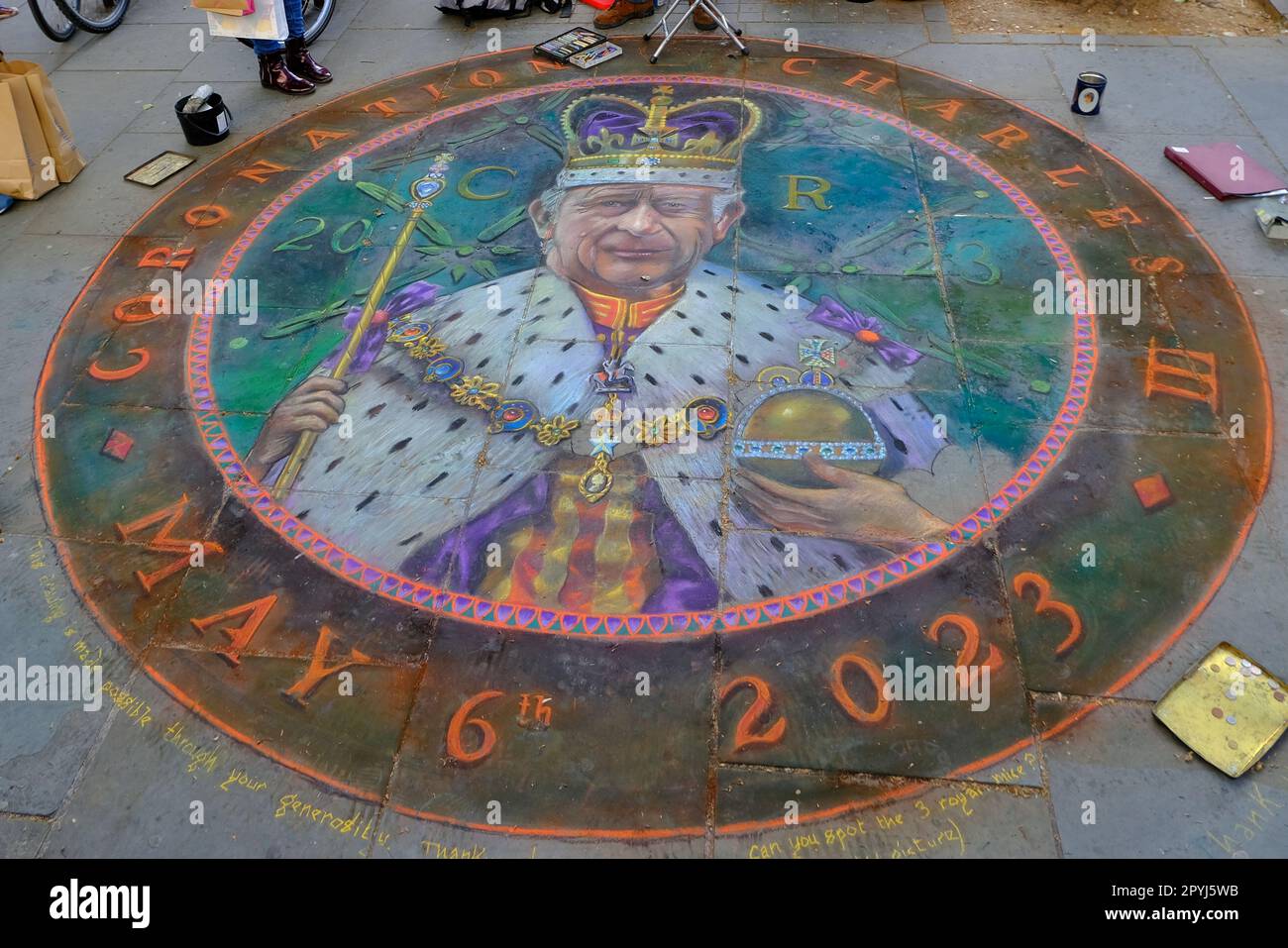 London, UK. An almost completed chalk portrait by Julian Beever of King ...