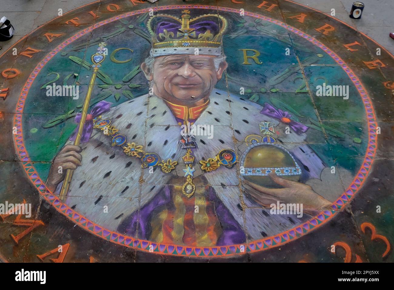 London, UK. An almost completed chalk portrait by Julian Beever of King ...