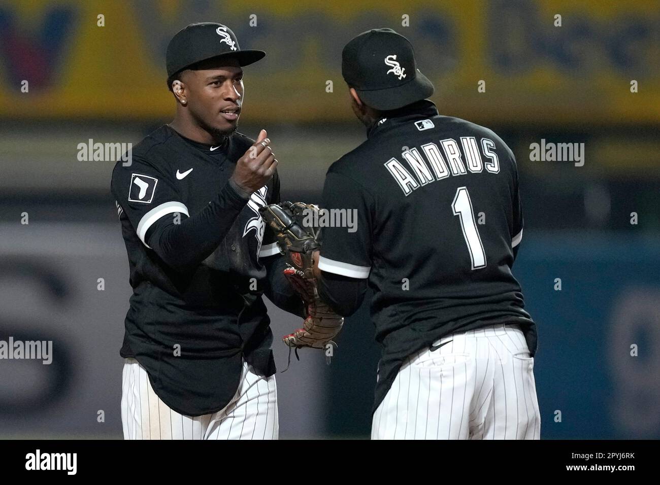 Chicago White Sox Tim Anderson, left, and Elvis Andrus celebrate the team's 6-4 win over the ...