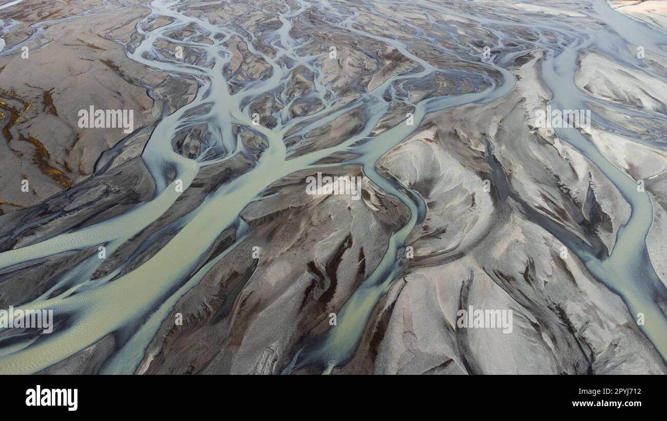 Aerial view of glacial rivers in the highlands of iceland hi-res stock ...