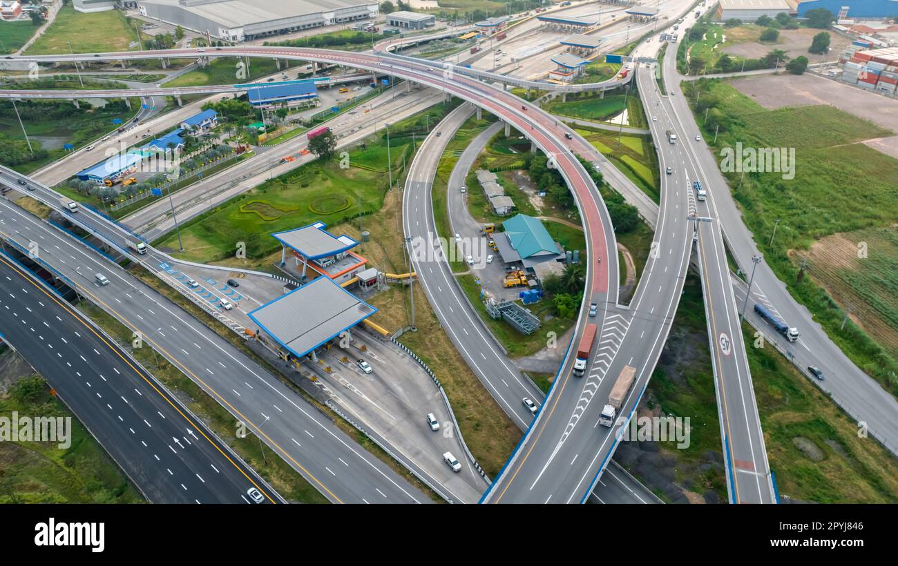 Aerial top view of highway junction interchange road. Drone view of the ...