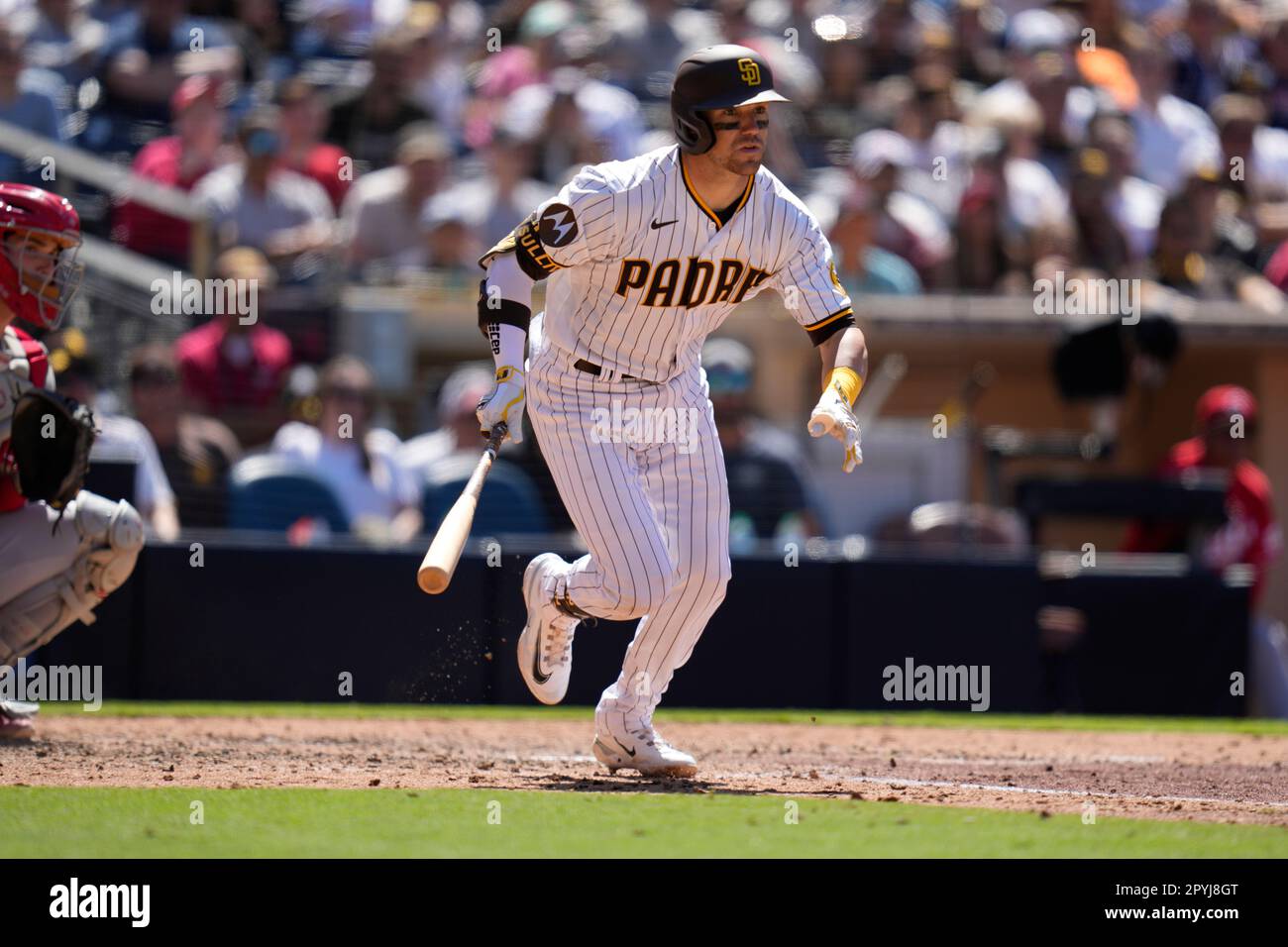 San Diego Padres' Brett Sullivan runs after flying out while batting ...