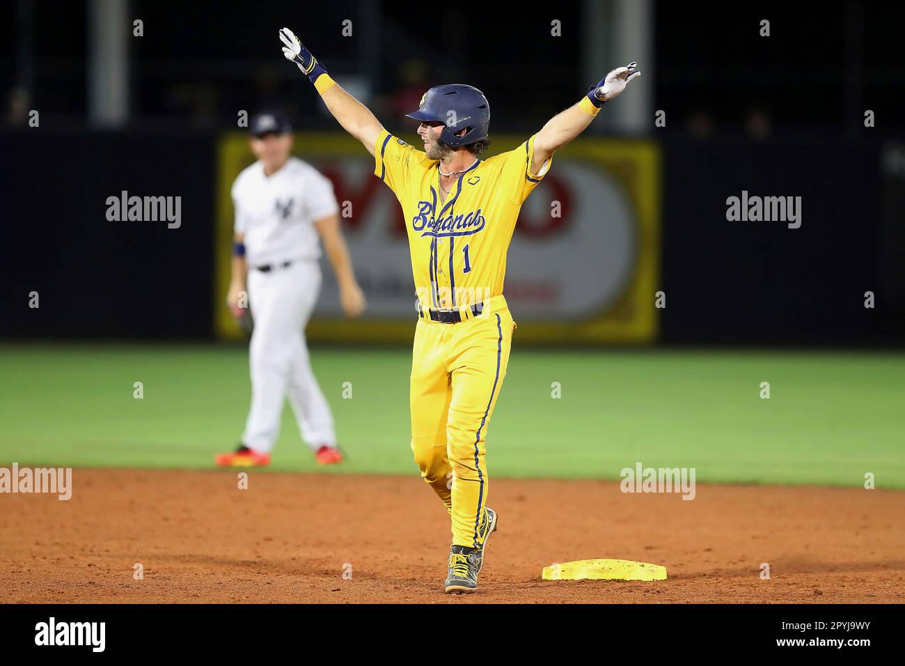 TAMPA, FL - APRIL 29: Savannah Bananas catcher Bill Leroy #1 celebrates ...