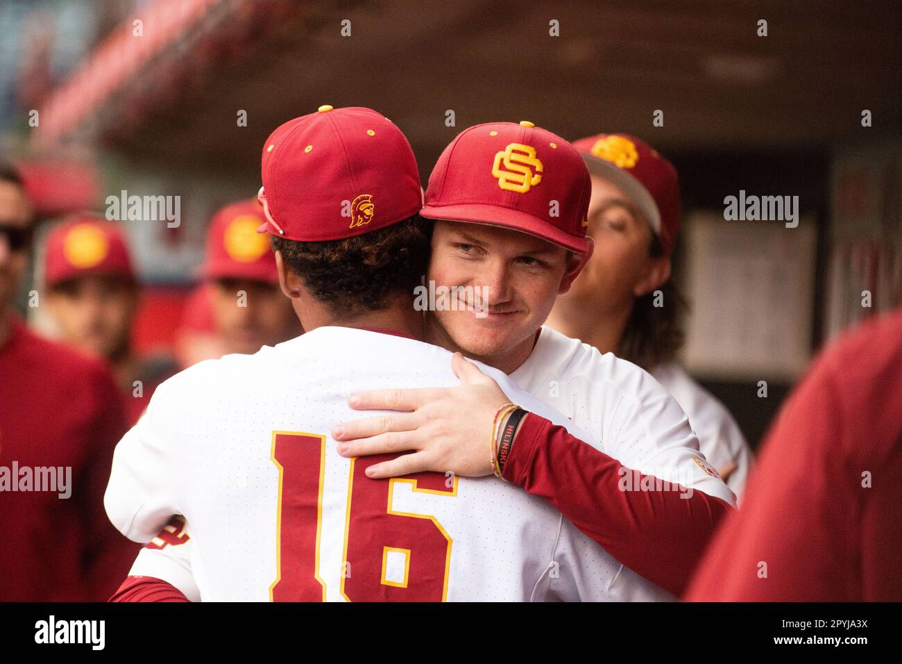 USC Trojans first baseman Ethan Hedges (15) and outfielder Caleb ...