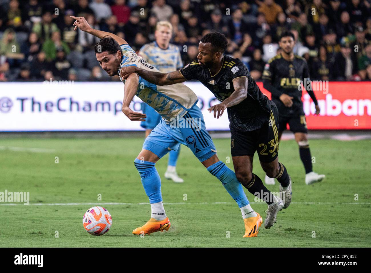 Philadelphia Union forward Julián Carranza (9) is fouled by LAFC ...