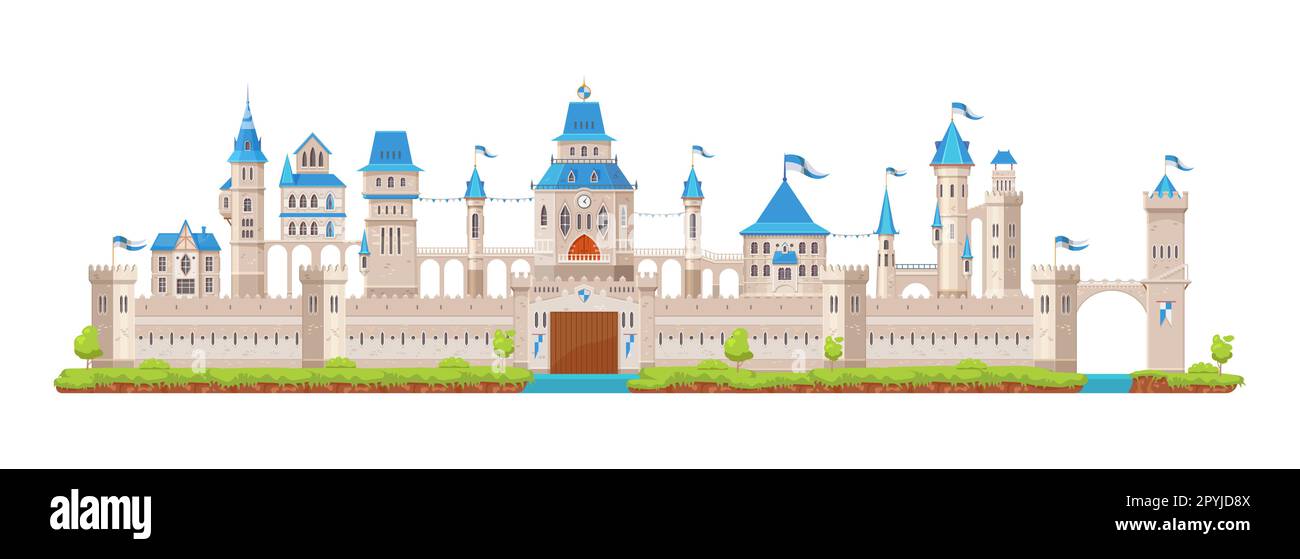 Knight stone castle and fortress. Gate, tower and turret, bridge, fort ...