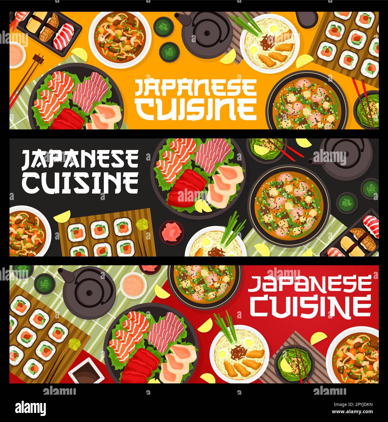 Japanese cuisine restaurant food banners. Maki sushi rolls, prawn soup ...