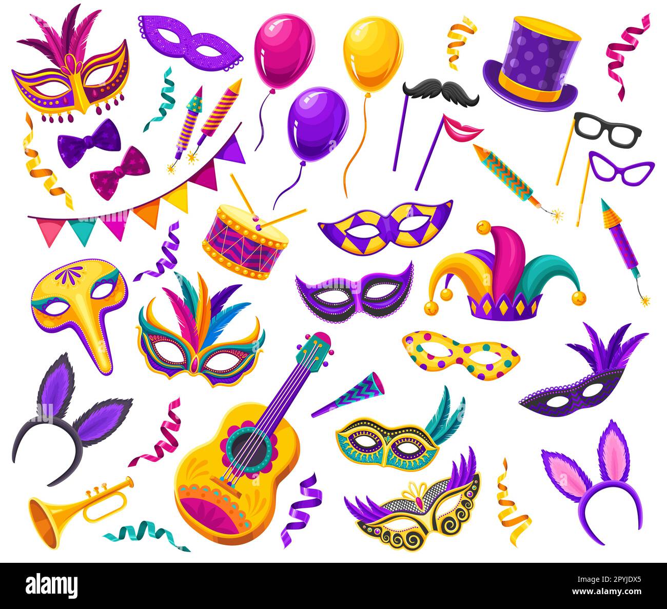 Brazil carnival masks, costumes and musical instruments. Brazilian ...