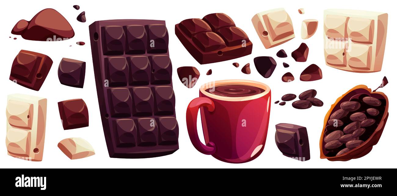 Cartoon set of dark and white chocolate bar and chips, hot cacao ...