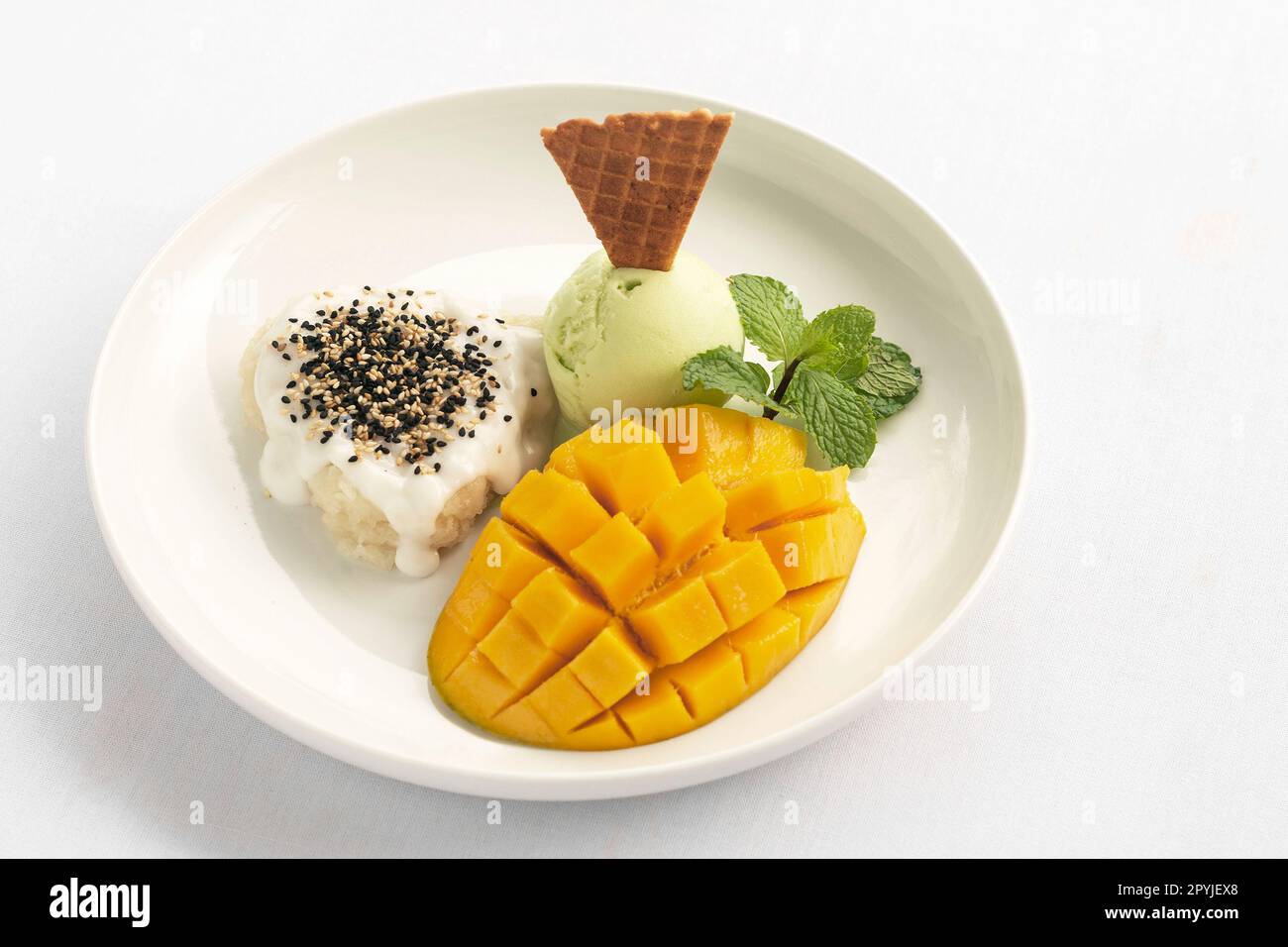 Mango with Sticky Rice and Pandan ice cream Thai famous dessert Stock ...