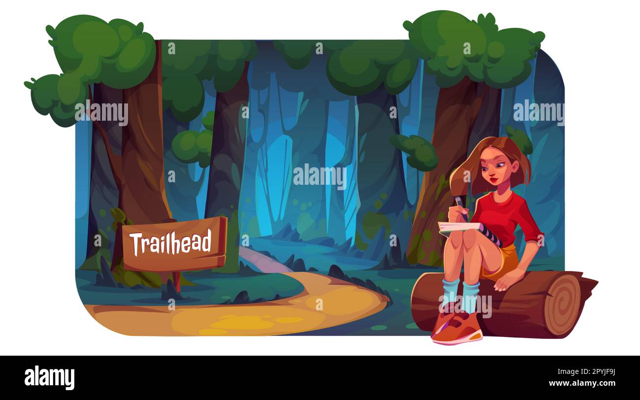 Forest landscape with path and girl sitting on log. Summer park or ...