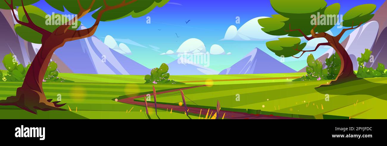Path road in forest near mountain and grass field cartoon landscape ...