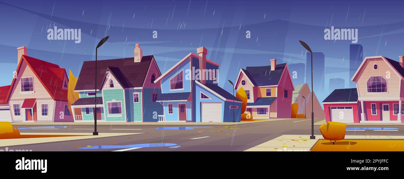 Town suburban neighborhood with houses and road intersection in rain ...