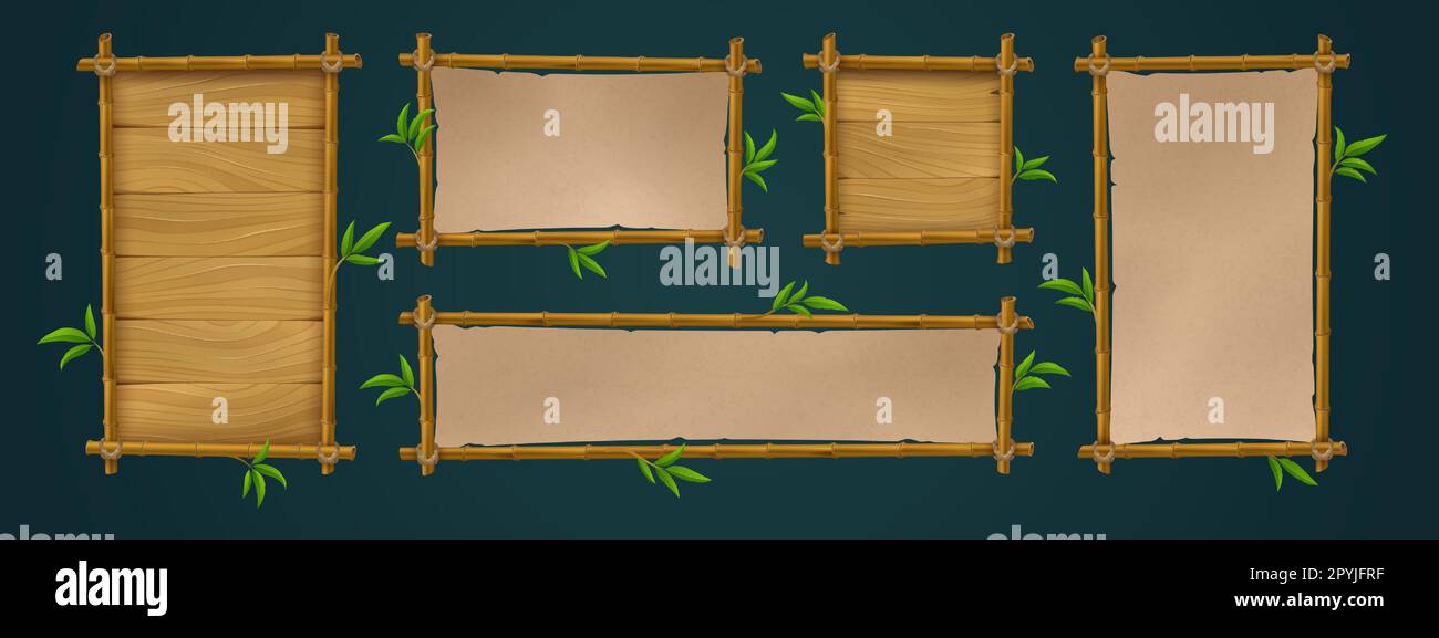 Realistic set of bamboo wood and paper signboards with tropical green ...