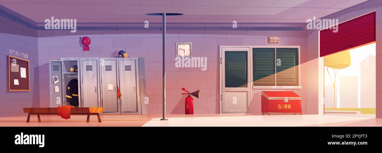 Cartoon fire station interior design. Vector illustration of empty ...