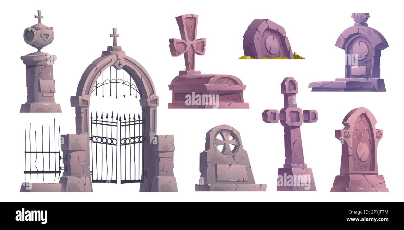 Cartoon set of old cemetery design elements isolated on white ...