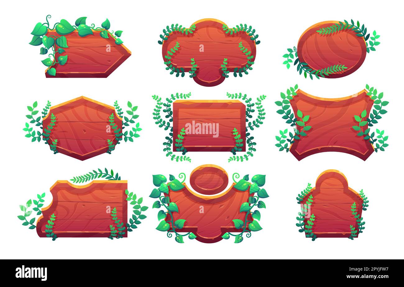 Jungle wooden sign board ui design. Cartoon game plant frame icon set ...