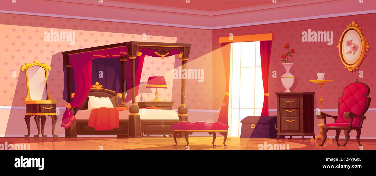 Cartoon royal bedroom interior with vintage furniture. Vector ...
