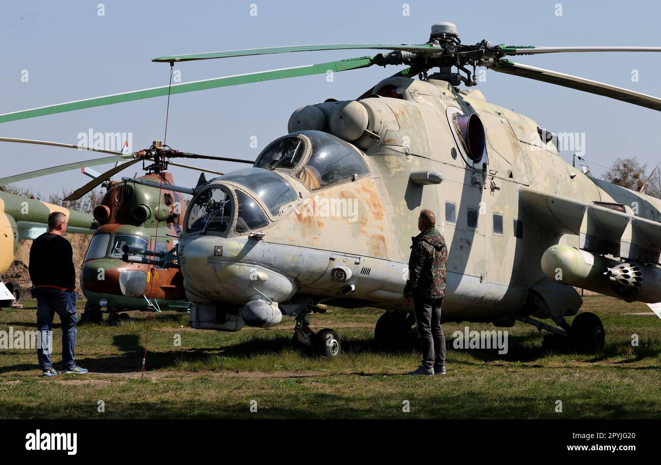 Rechlin, Germany. 21st Apr, 2023. Visitors look at Russian Mi-24 (r ...