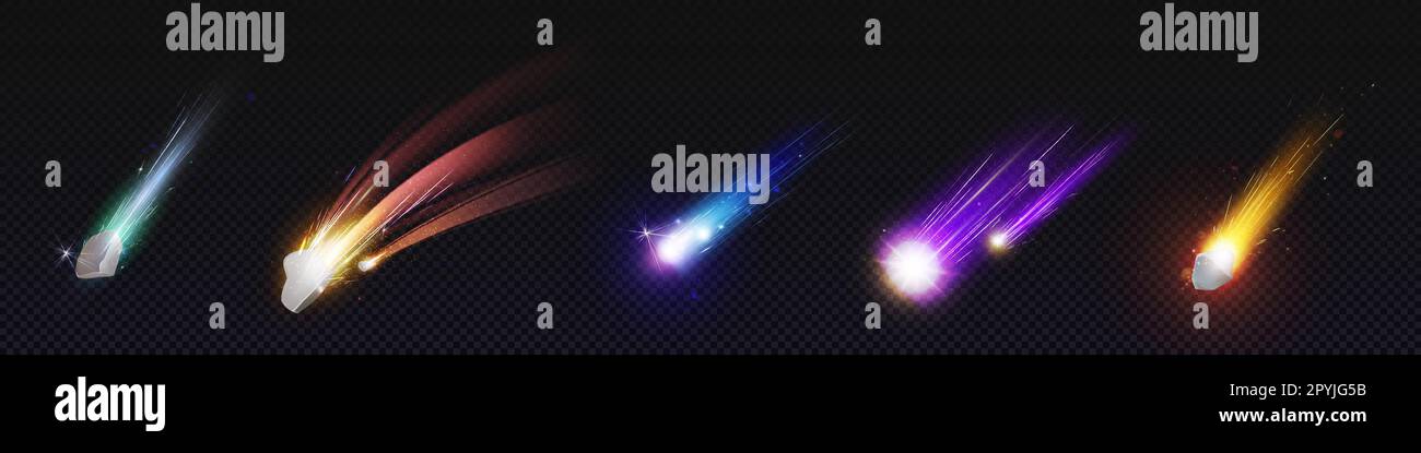 Comet and meteoroid fall speed trail galaxy vector set. 3d meteor ...