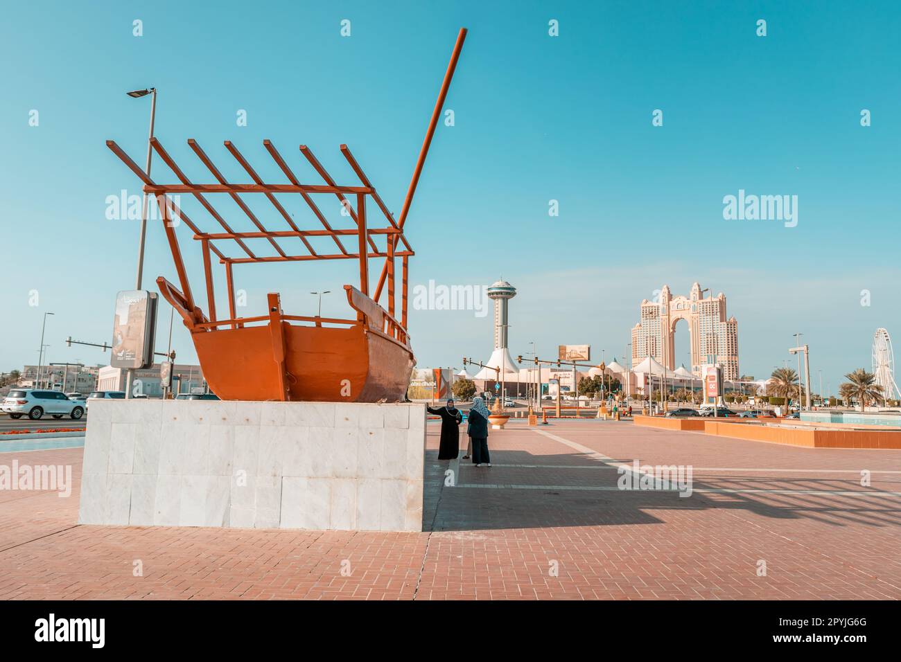 15 January 2023, Abu Dhabi, UAE: Dhow boat monument at city center ...