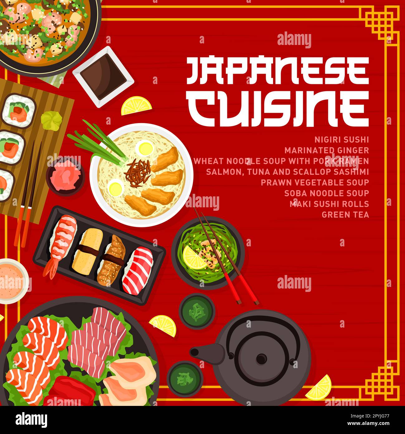 Japanese cuisine restaurant menu cover design. Green tea, wheat noodle ...