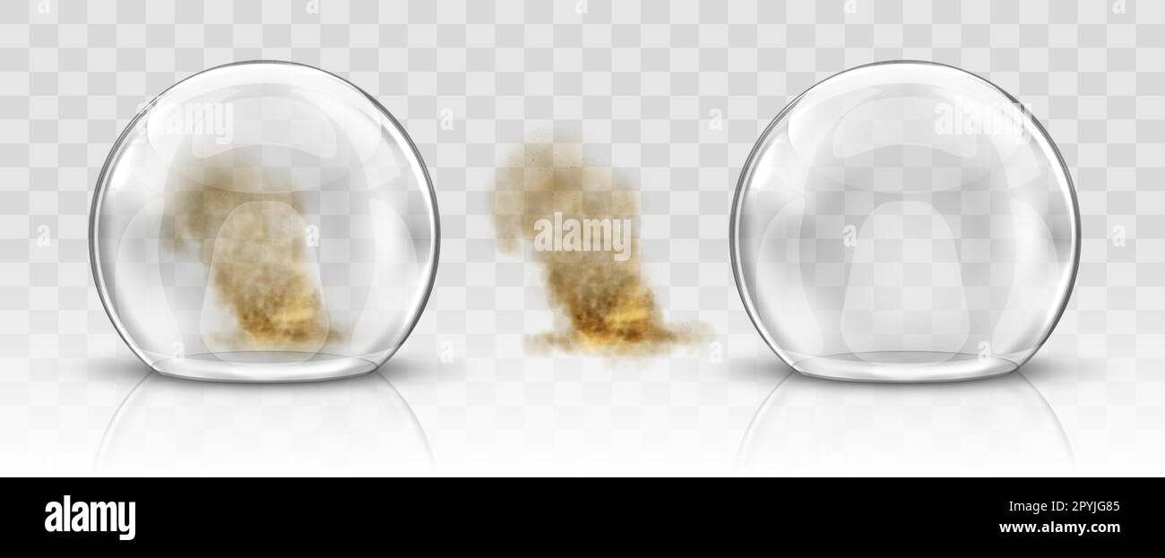 Glass dome or sphere and sandstorm realistic vector. Glass round dome ...
