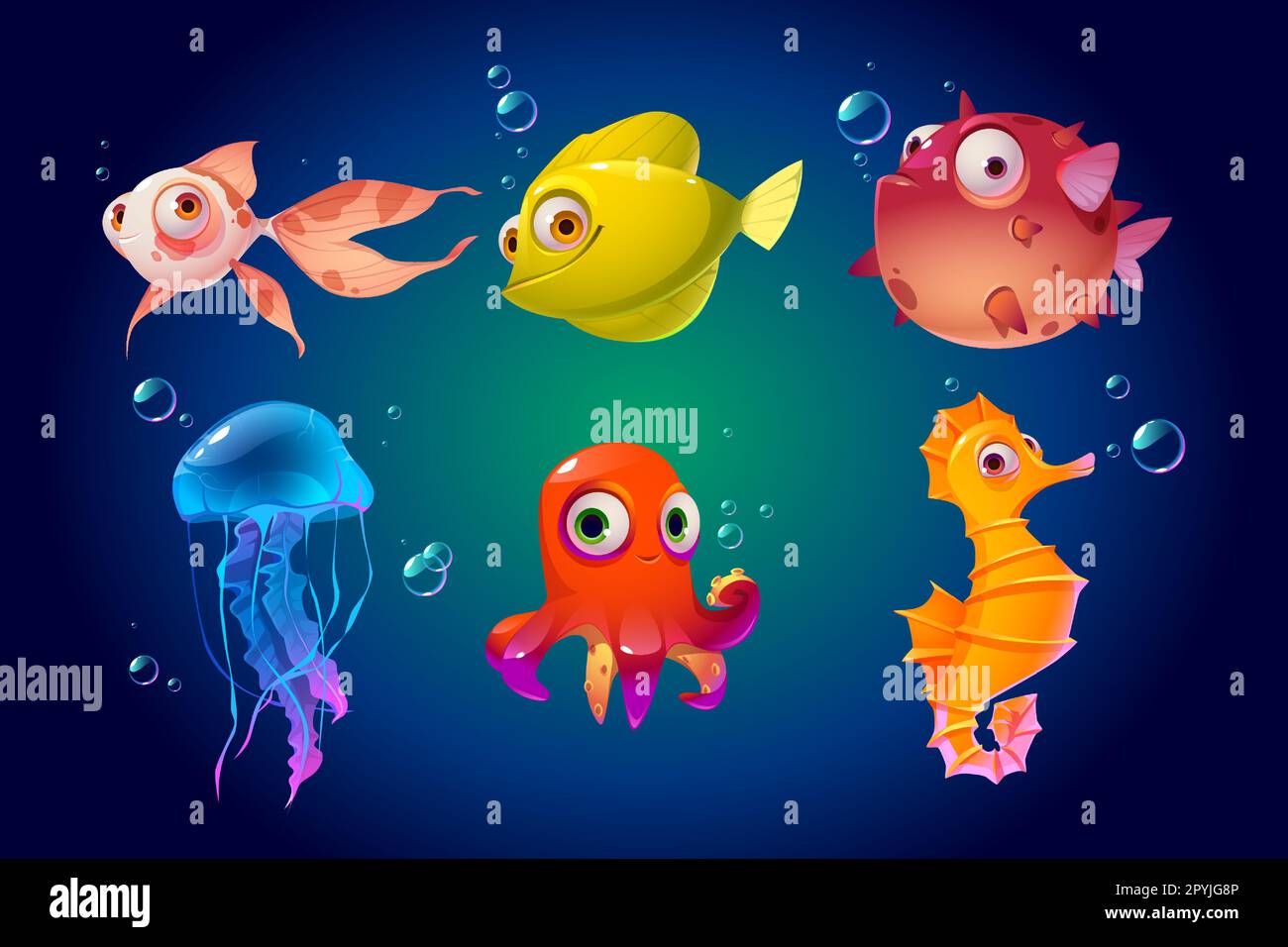 Cute sea animals, fish, octopus, jellyfish. Vector cartoon characters ...