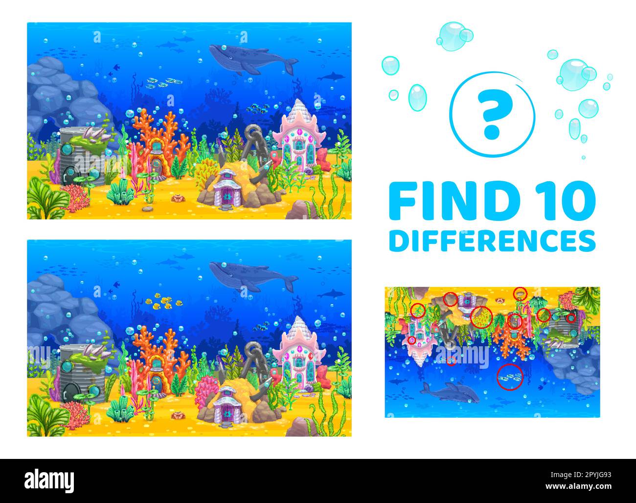 Find ten differences cartoon sea underwater landscape with fairytale ...