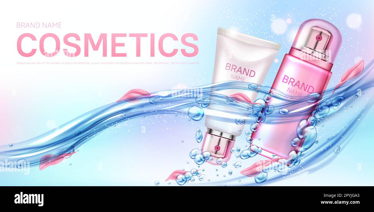 Cosmetics bottles floating in water with rose petals and air bubbles ...