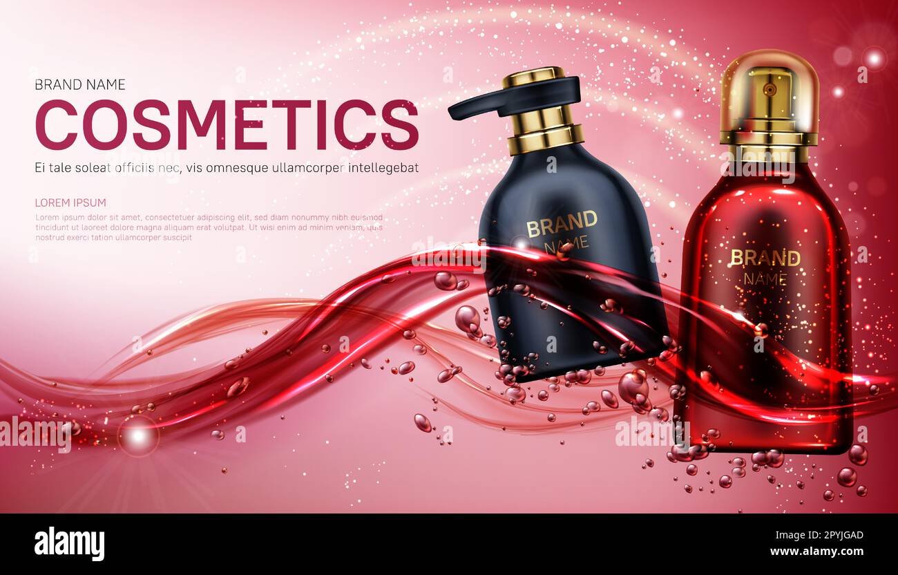 Cosmetics bottles mock up banner. Beauty product package design, red ...