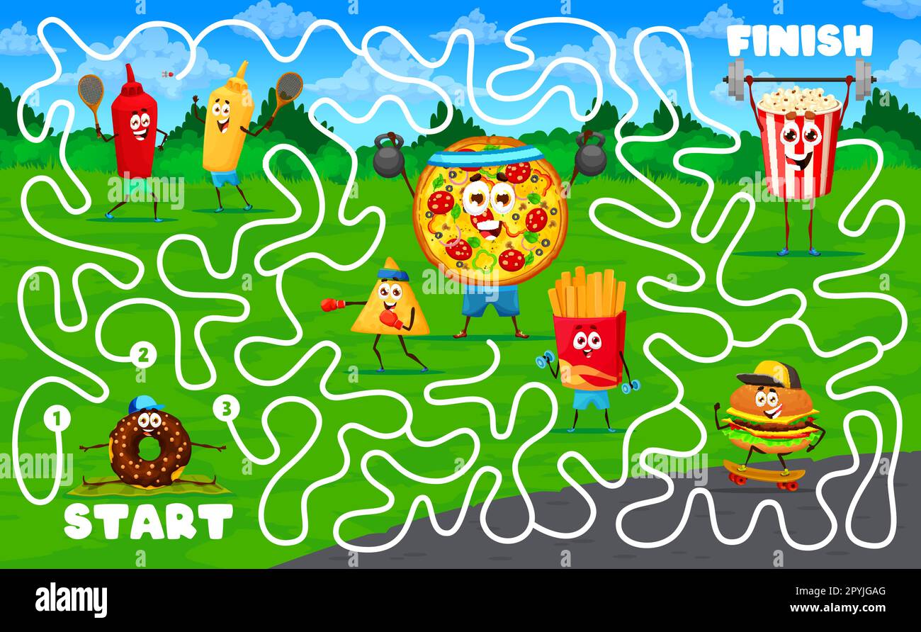 Labyrinth maze game. Cartoon fast food characters on sport vacation ...
