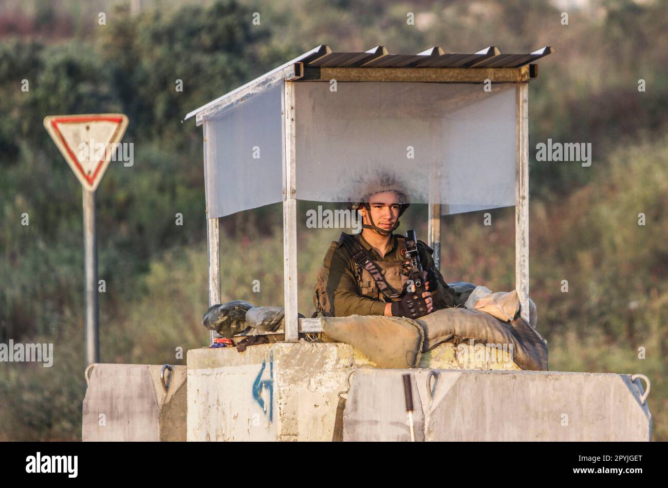 Nablus, Palestine. 03rd May, 2023. An Israeli soldier stands guard at ...