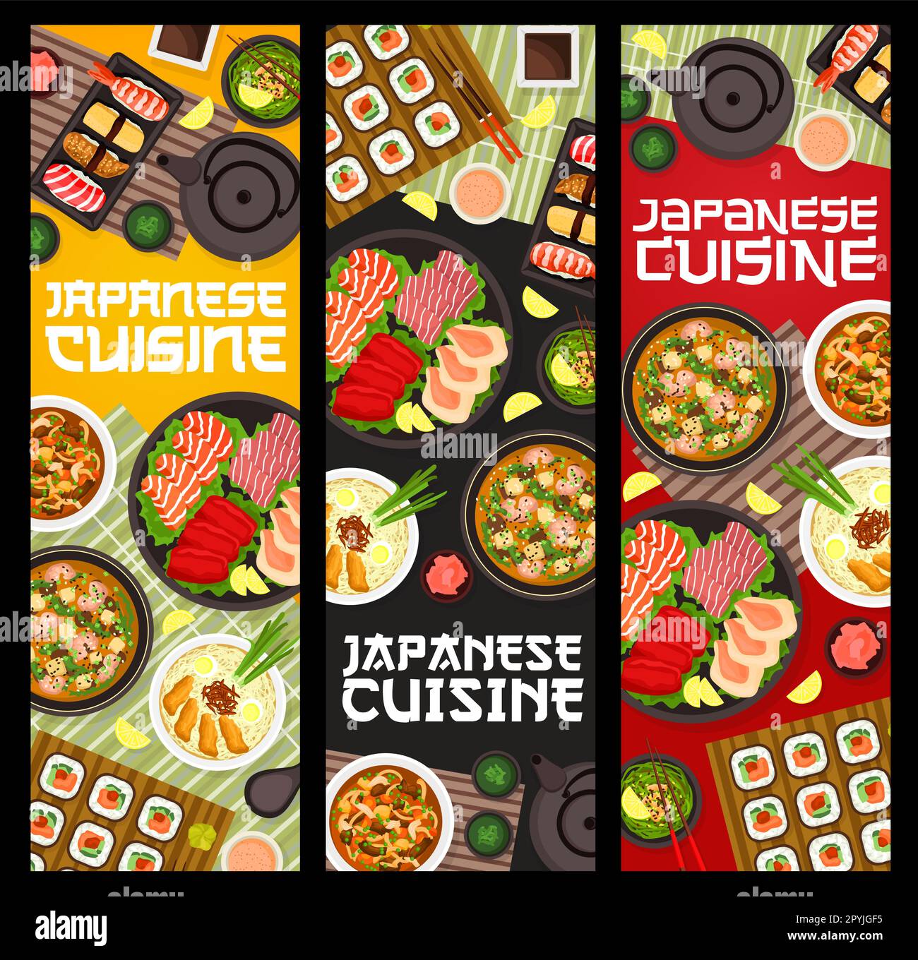 Japanese cuisine restaurant food banners. Nigiri sushi, wheat noodle ...