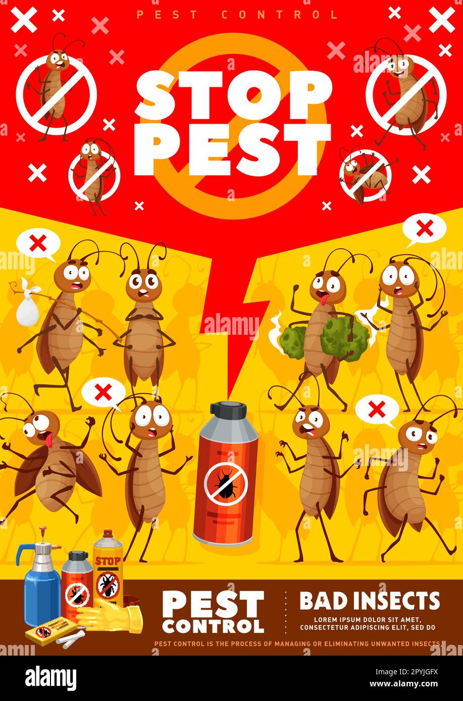 Pest control poster or flyer. Cartoon cockroach characters. Pest ...