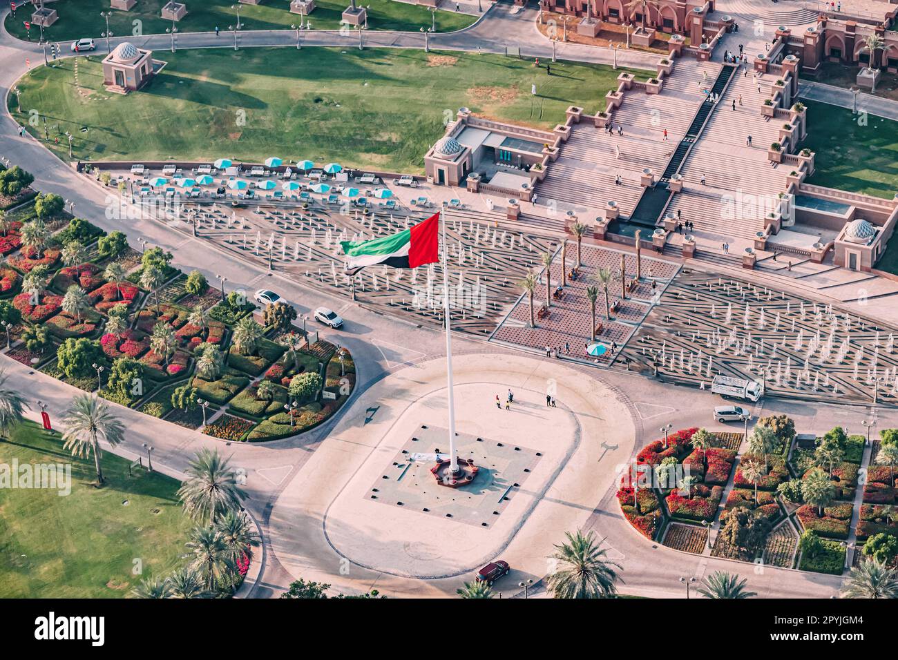 15 January 2023, Abu Dhabi, UAE: Aerial view of UAE flag stands tall ...