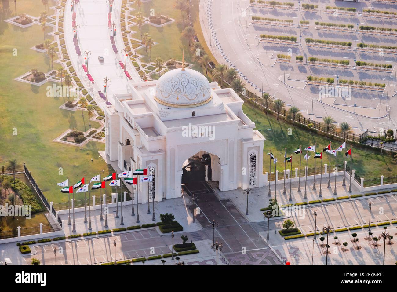 15 January 2023, Abu Dhabi, UAE: Aerial view of entrance gates to ...