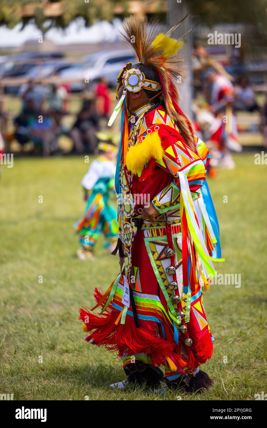 An adult male dancing at a pow wow with colorful regalia Stock Photo ...