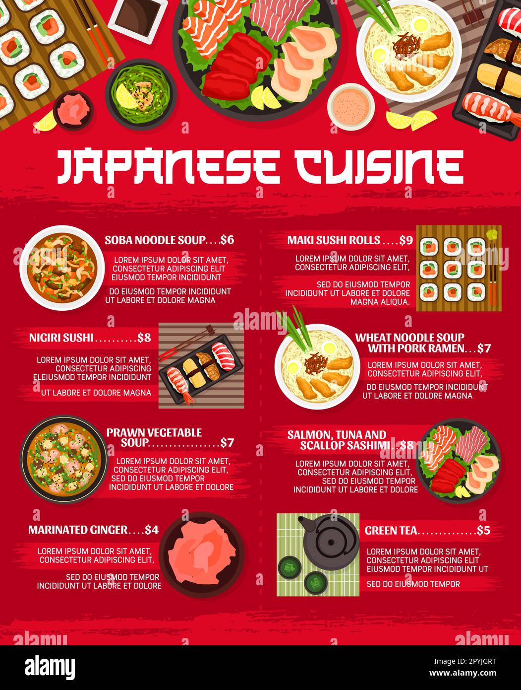 Japanese cuisine restaurant menu template. Salmon, tuna and scallop ...