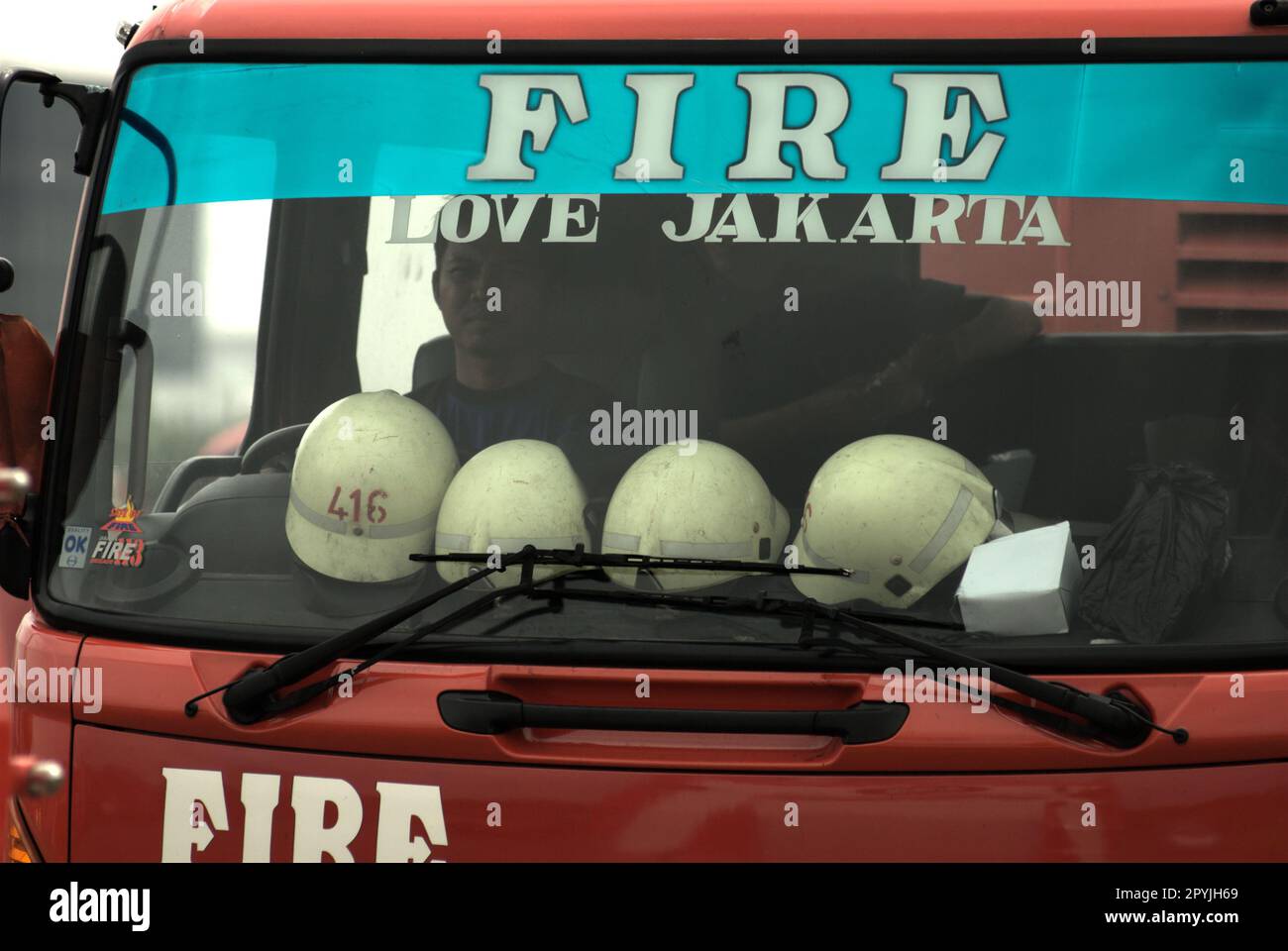 A firefighting truck is photographed during a rehearsal for the ...