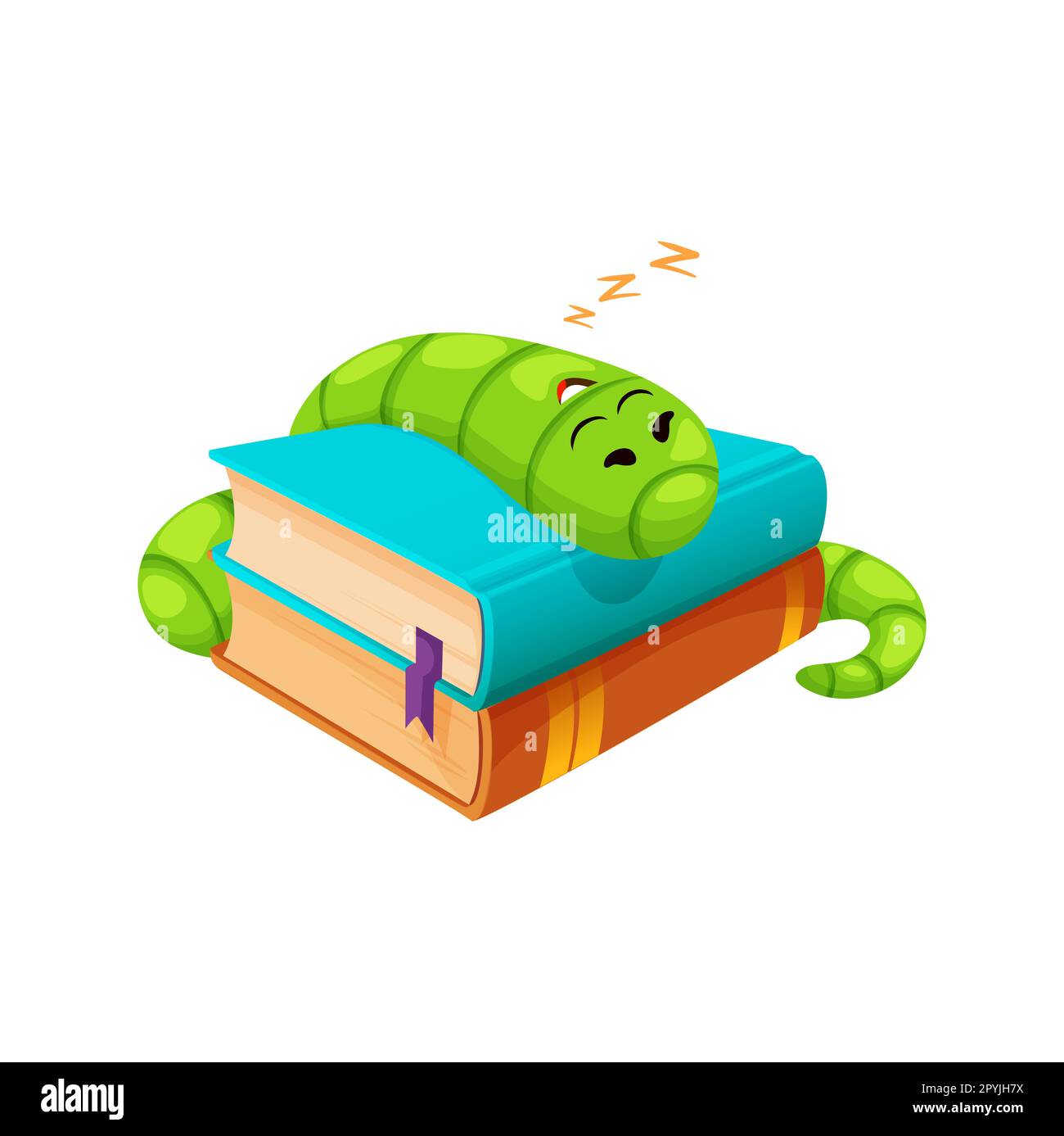 Cartoon bookworm character, book worm animal sleeping soundly on pile ...