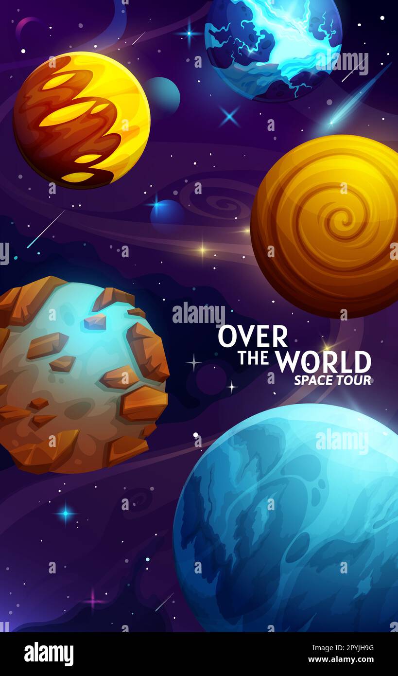 Cartoon galaxy space planets poster. Space exploration, universe flight ...