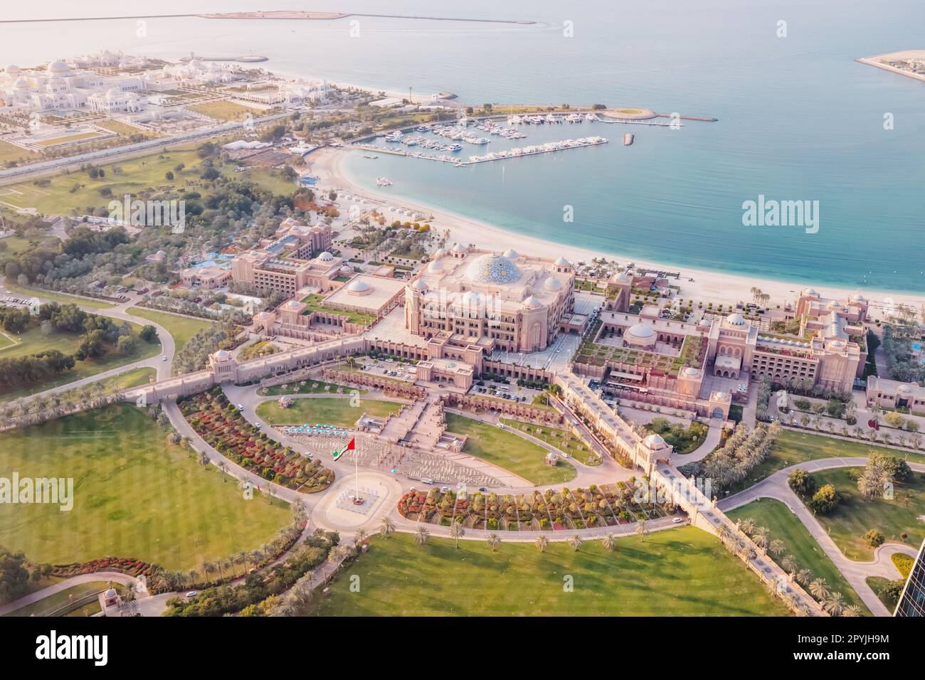 15 January 2023, Abu Dhabi, UAE: Aerial view of luxury Emirates Palace ...