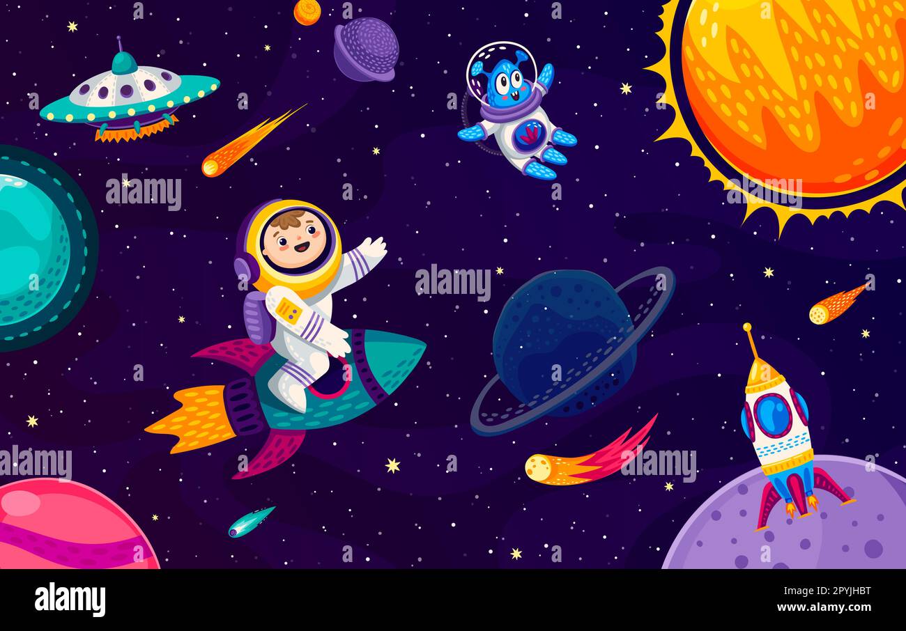 Kid astronaut and alien characters on space galaxy. Cartoon vector ...