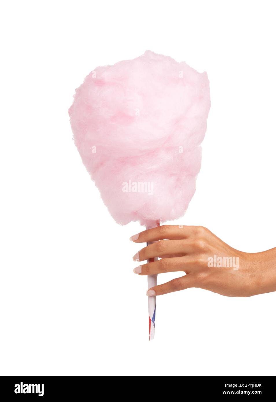 Cotton candy, sweet and woman hands isolated on a white background for ...
