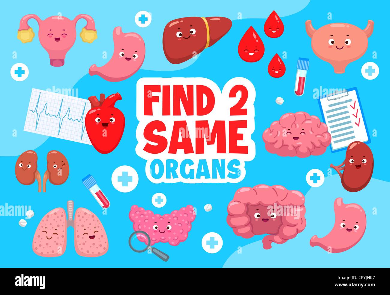 Find two same cartoon human body organ characters. Same picture finding kids game, objects ...